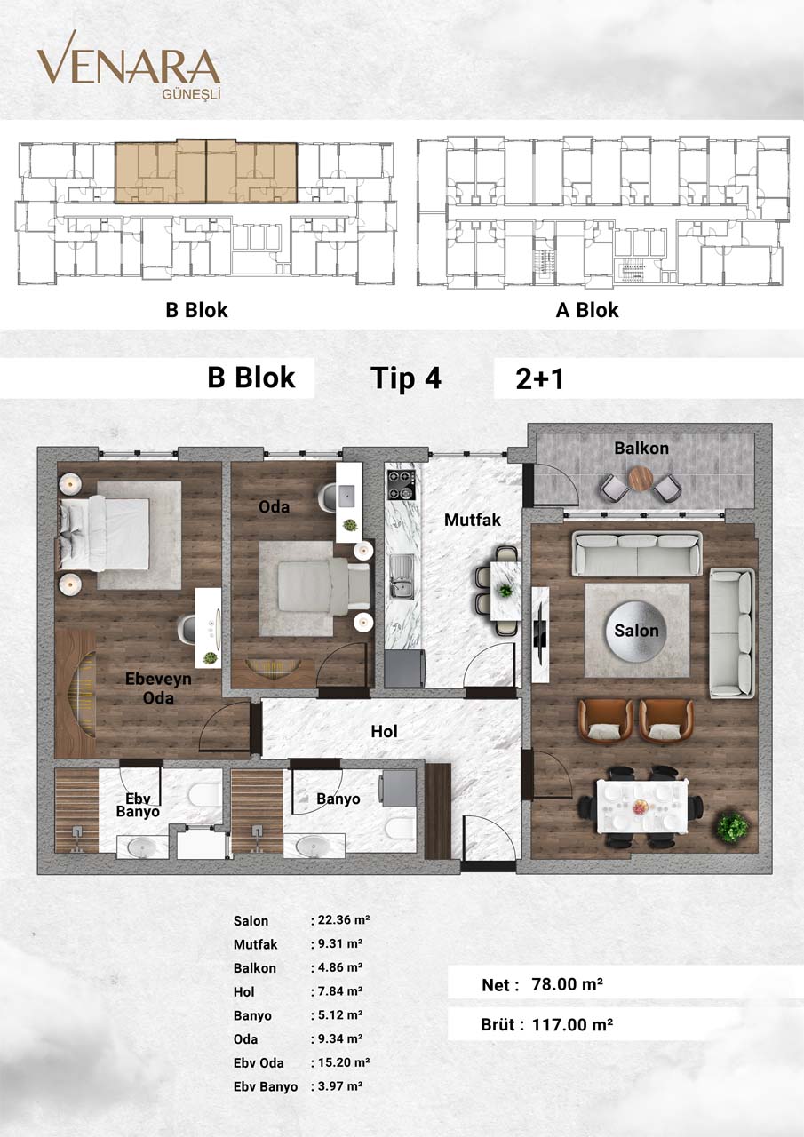 Планировка «2BR-10» 2+1, корпус «Block B Venara Güneşli», ЖК Venara ...