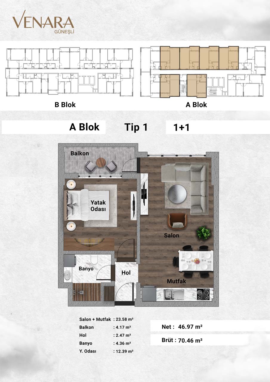 Планировка «1BR-7» 1+1, корпус «Block A Venara Güneşli», ЖК Venara ...